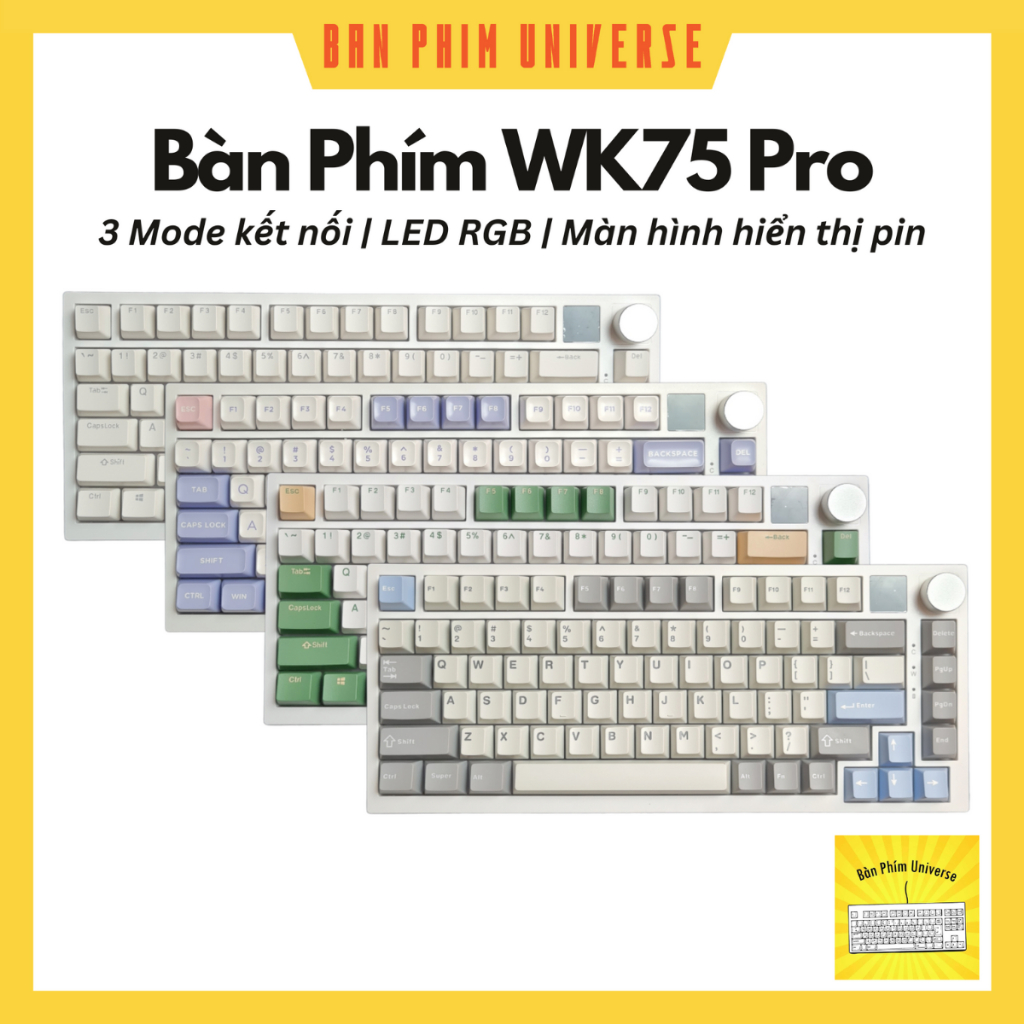 Bàn phím cơ WK75 Pro 3 mode bàn phím bluetooth, 2.4ghz, dây, rgb, gasket, hotswap màn hình ...