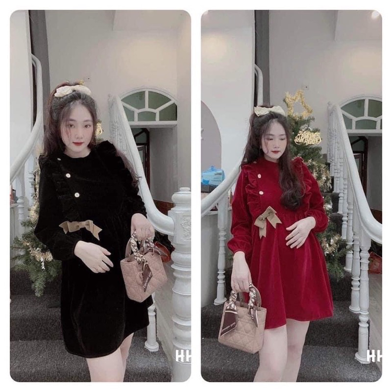 Váy bầu thu đông nhung lif xinh sắn mặc tết , noel 1m6 mặc qua gối ...