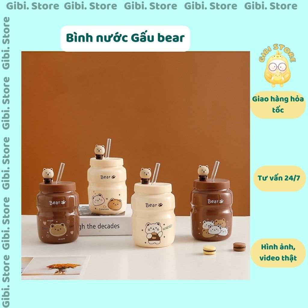 Bình nước hình gấu Bear kèm ống hút nhiều mẫu mã dễ thương GIBI STORE ...