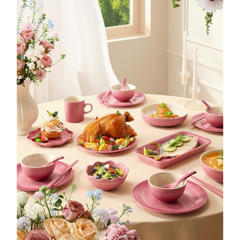 Bộ bát đĩa gốm sứ cao cấp chính hãng Mocarose màu hồng đậm | Shopee ...