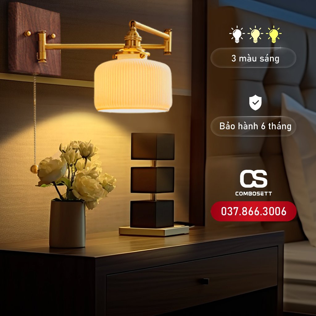 Đèn gắn tường gỗ óc chó decor tab đâu giường phòng ngủ 13W điều chỉnh ...