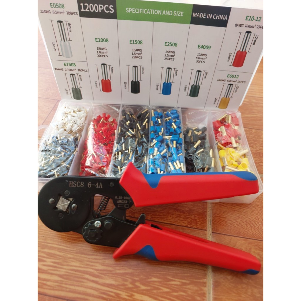 Kìm bấm cos vuông HSC8 6-4A tự điều chỉnh kèm 1200 đầu cost ĐỒNG đủ loại cos ống tròn cos pin ...