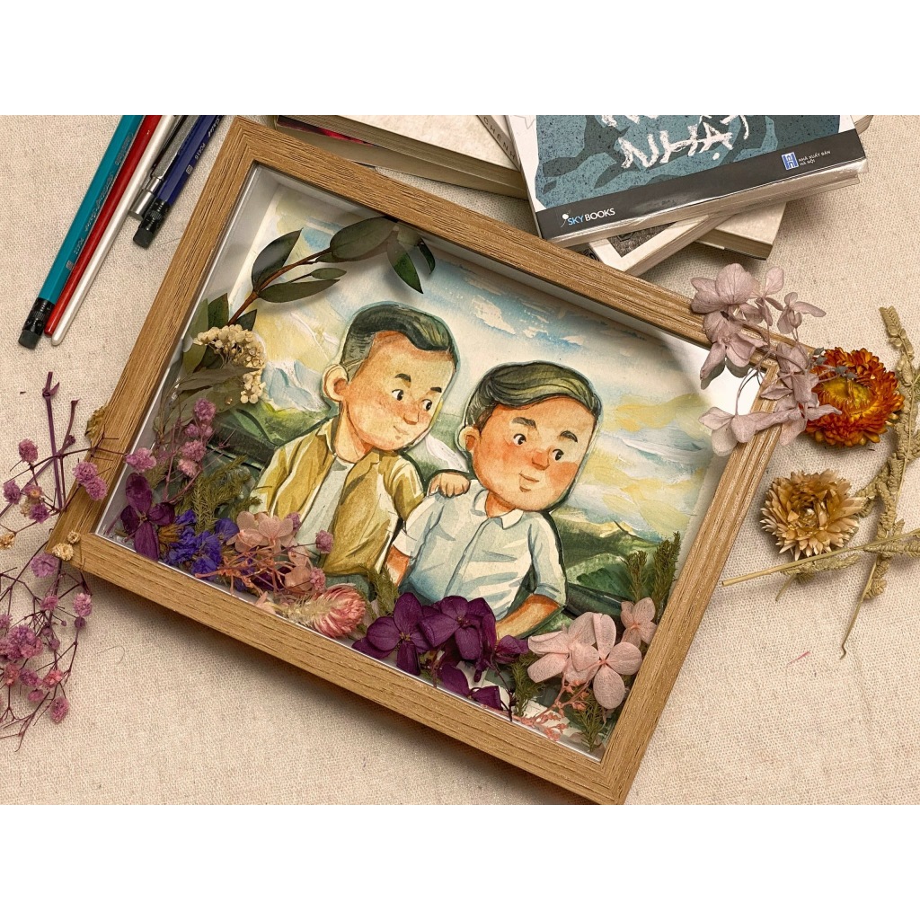 Vẽ tranh tay Chibi quà tặng theo yêu cầu, đính kèm hoa khô và khung ...