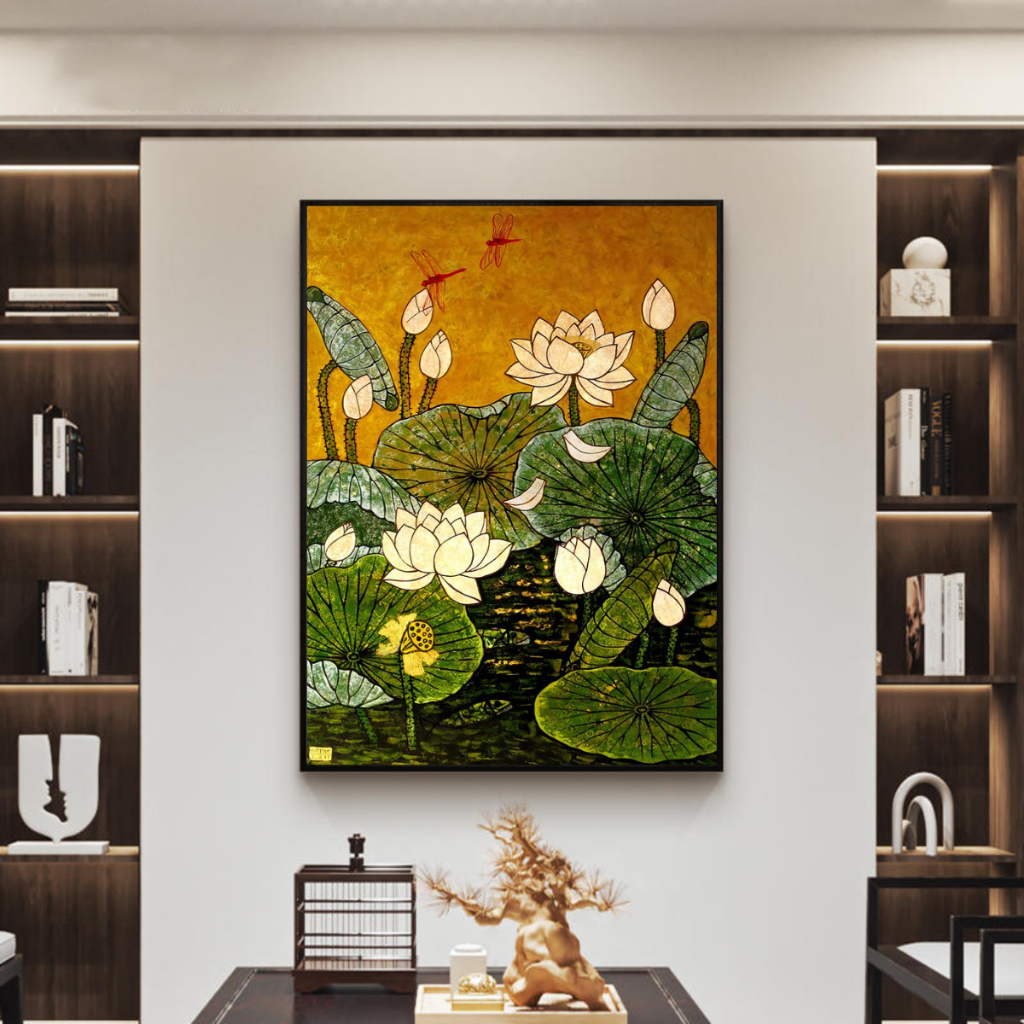 Tranh sen treo tường tone màu ấm, tranh decor phòng thờ, decor tượng phật - tranh hoa sen nghệ ...