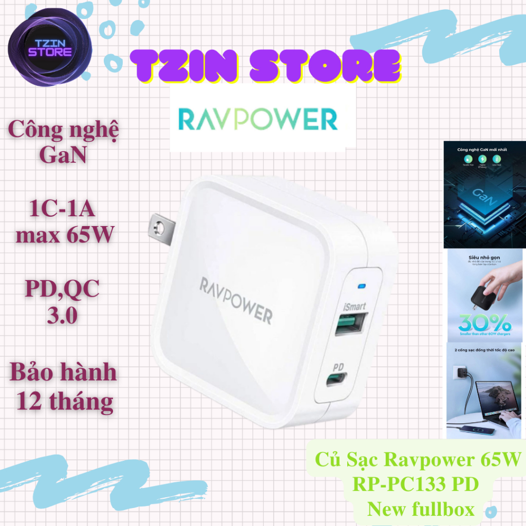 Sạc RavPower 65W GaN Chính Hãng - Bảo Hành 12T RP-PC133, RP-CPCN002 | Shopee Việt Nam