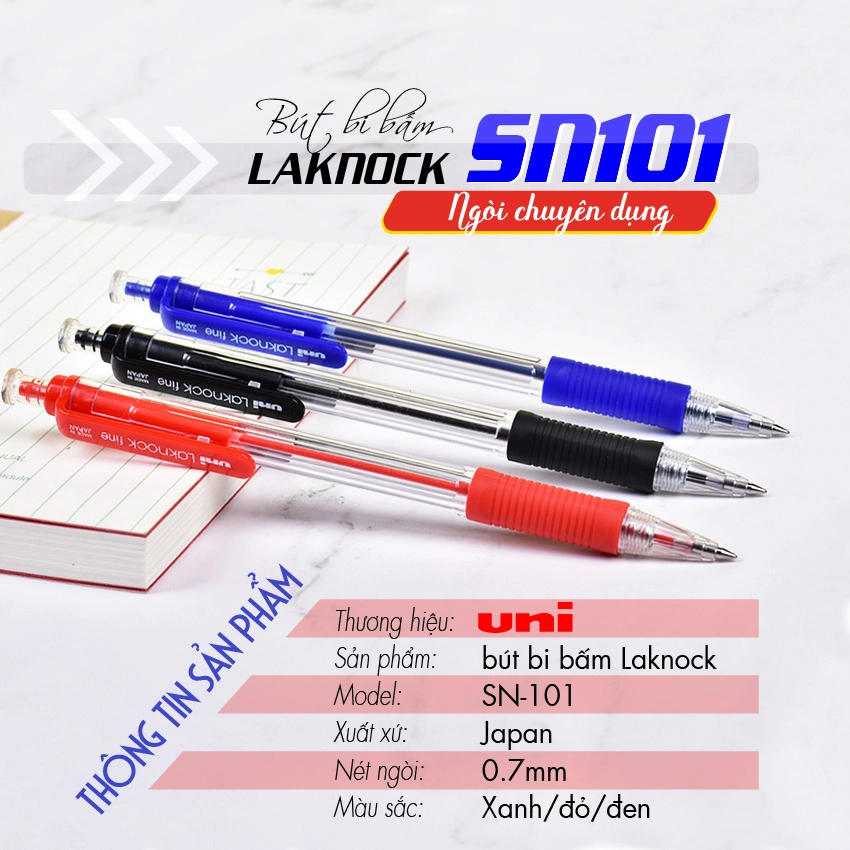 [CHÍNH HÃNG] Bút bi Uni Laknock SN-101 Ngòi 0.7mm - Mực xanh, viết êm trơn, đều nét có đệm chống ...