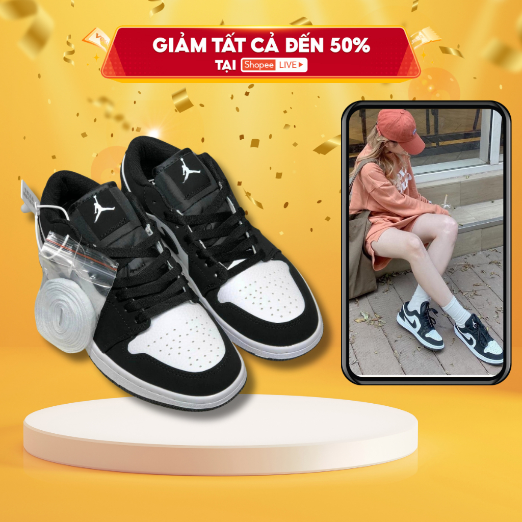 Giày Jordan Low 1, JD Panda đen trắng cổ thấp, da lộn, đế tăng chiều ...