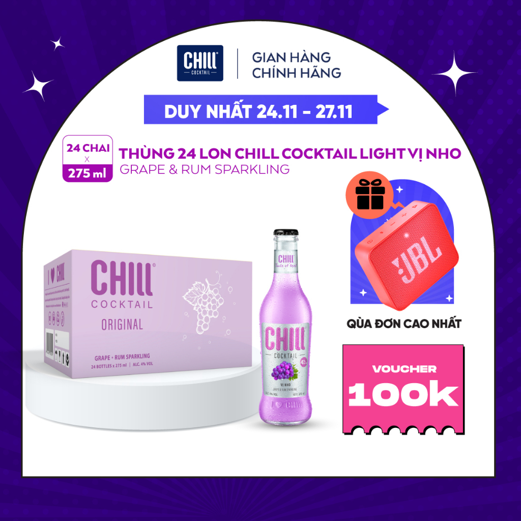[Voucher 100K]Thùng 24 chai Chill Cocktail vị Nho 275ml/chai | Shopee Việt Nam