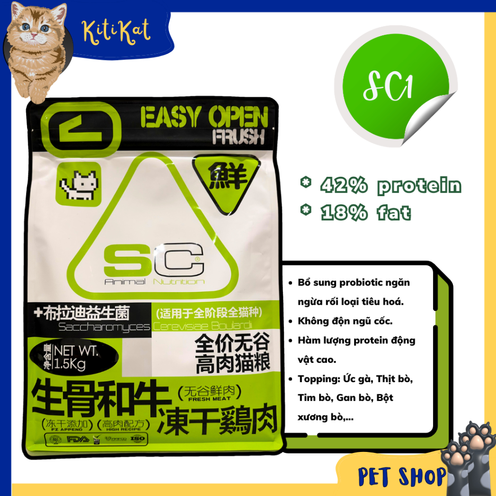 Hạt SC topping cho mèo mọi lứa tuổi bao 9Kg protein 39% & 42%, Thức ăn cho mèo SC bổ sung men vi ...