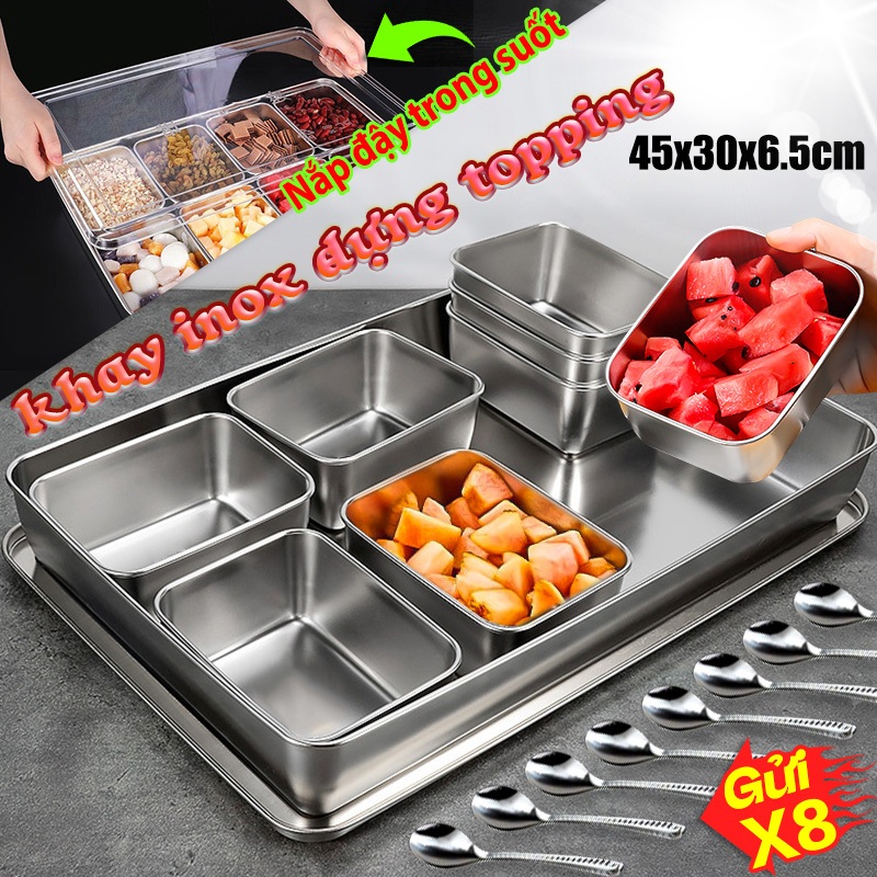 【Giao hàng nhanh】khay inox 304 khay inox đựng topping loại 6 và 8 ngăn khay inox có nắp trà sữa ...