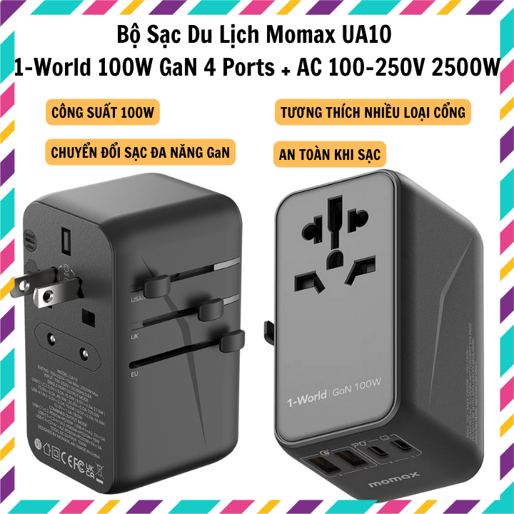Bộ sạc du lịch Momax UA10 1-World 100W GaN 4 Ports + AC 100-250V 2500W sạc nhanh, phù hợp với ổ ...