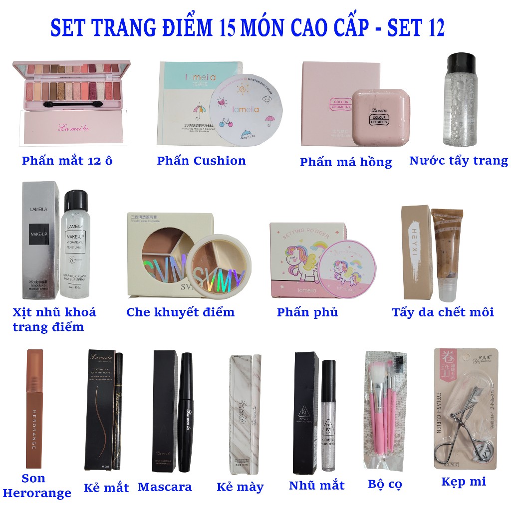 (Rẻ Vô Địch) Bộ trang điểm 15 món chuyên gia: Kem BB+Phấn phủ+Phấn mắt+Mascara+Kẻ mày+Kẻ mắt ...