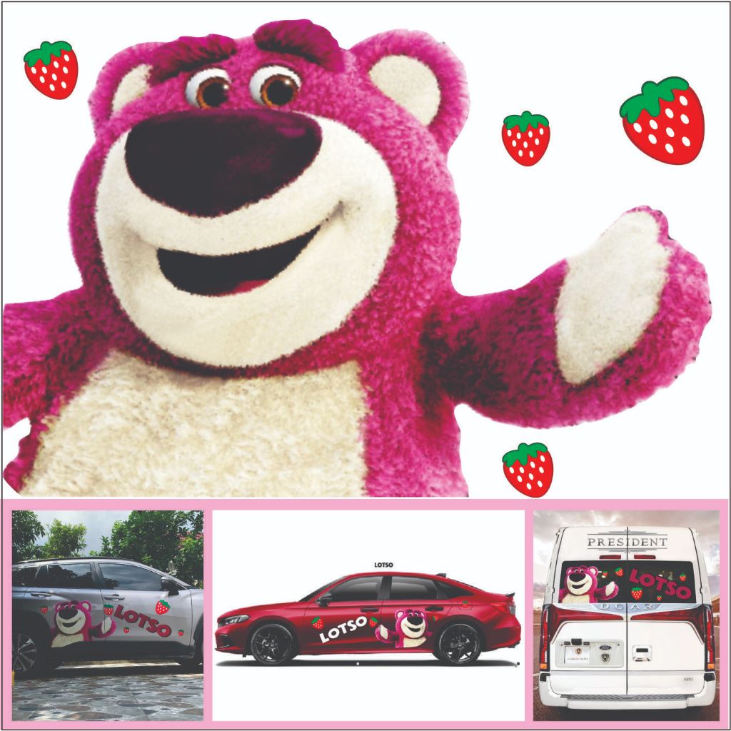 Hình dán gấu dâu Lotso (1 bộ 2 bên) - decal trang trí sườn xe 4 chỗ,7 ...