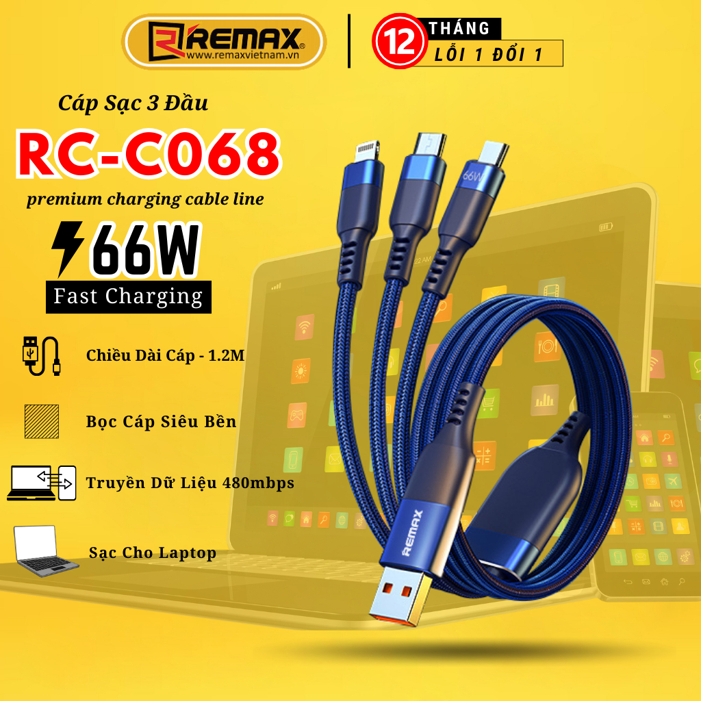 Cáp Sạc Nhanh 3 Đầu Remax RC-c068 PD66W QC3.0 Sạc Cho Laptop và Tab ...