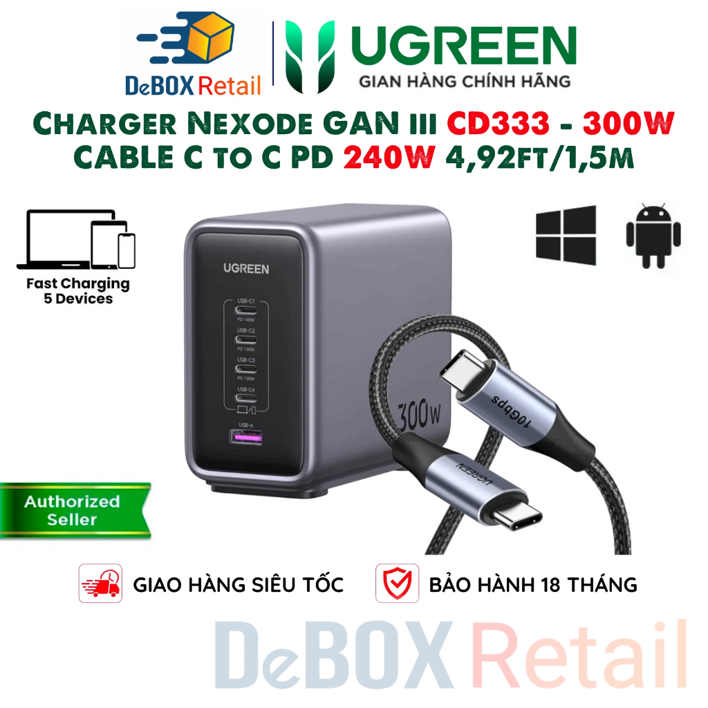 Bộ sạc nhanh UGREEN Nexode 300W CD333 Charger 5 Port USB-C GAN III 140W PD3.1/PD3.0/PPS/QC4+/SCP ...