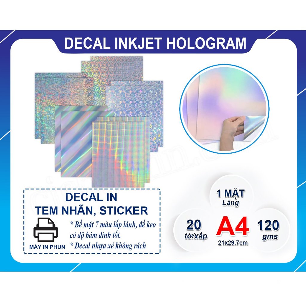 DECAL METALIZE, DECAL NHỦ HOLOGRAM A4 DÀNH CHO MÁY IN PHUN ( xấp 20 tờ ...