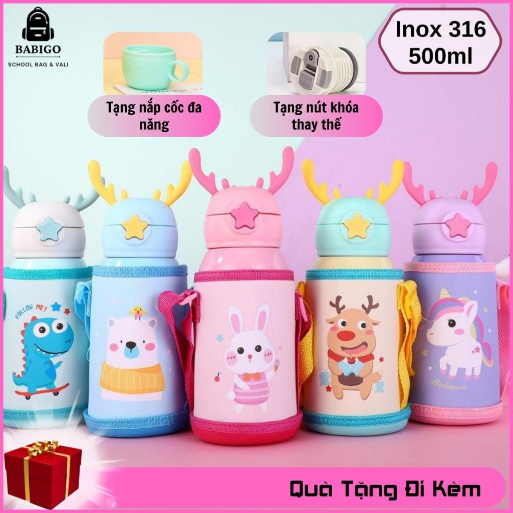 Bình nước giữ nhiệt trẻ em cho bé đi học INOX 316 500ml dễ thương có dây đeo ống hút hình khủng ...