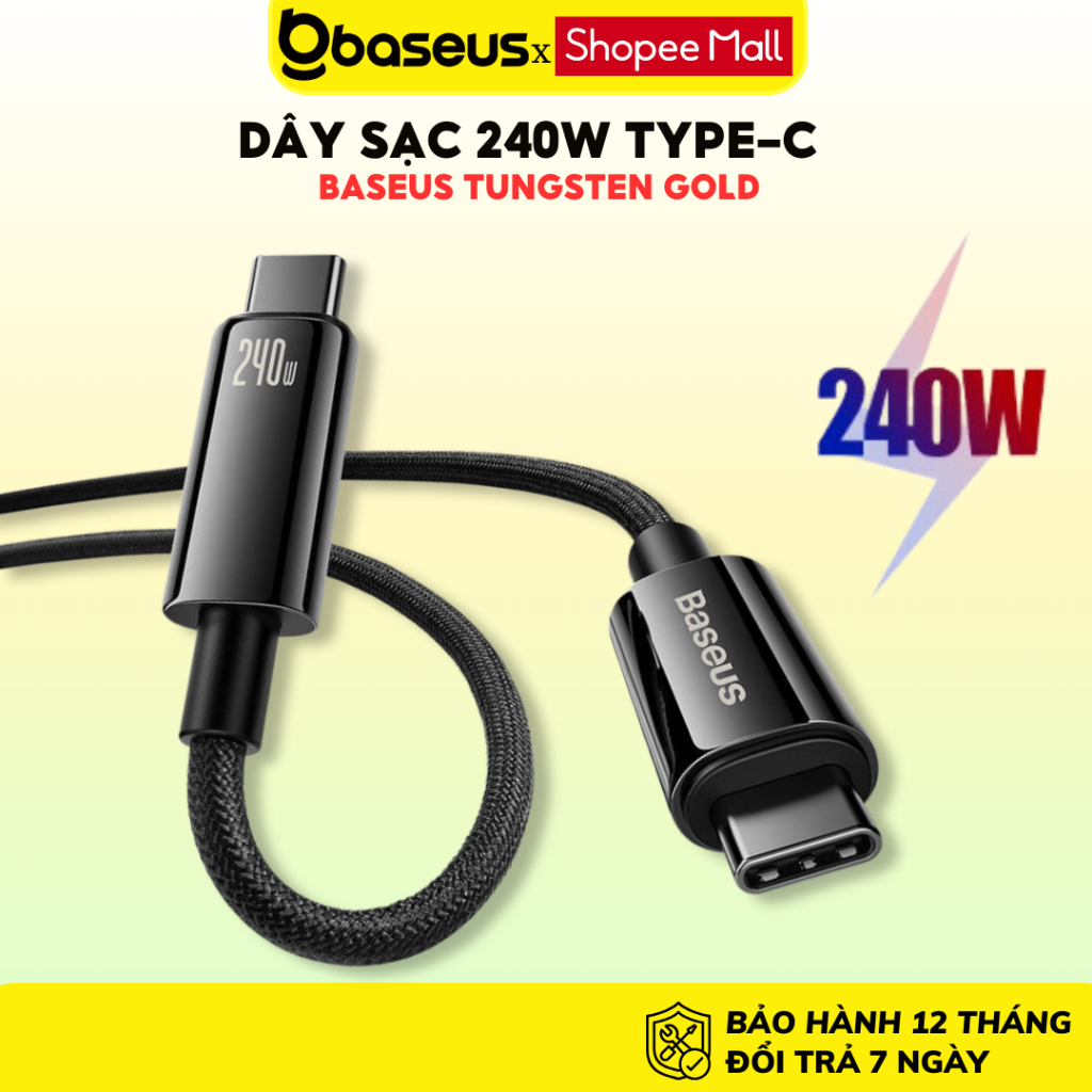 Dây sạc nhanh Type c 240W Baseus Tungsten Gold cáp bọc dù siêu bền cho laptop Mac smartphone ...