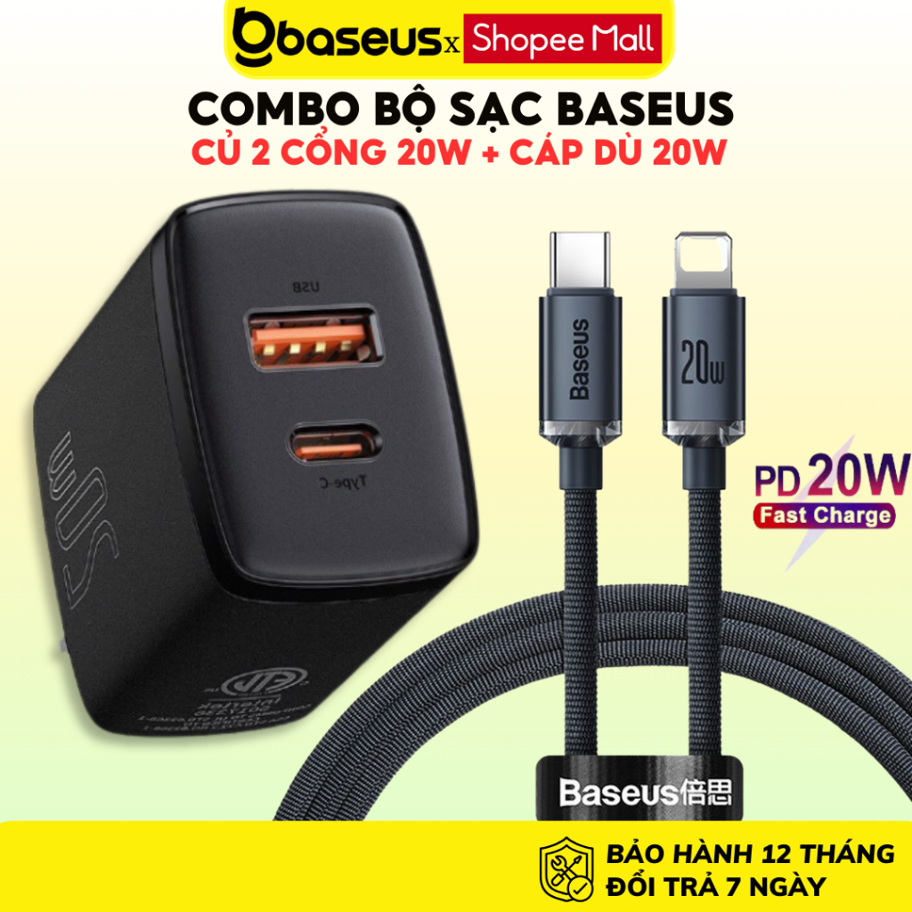Combo Bộ sạc nhanh 20W 2 Cổng Baseus kèm dây dù cao cấp sạc nhanh cho ...