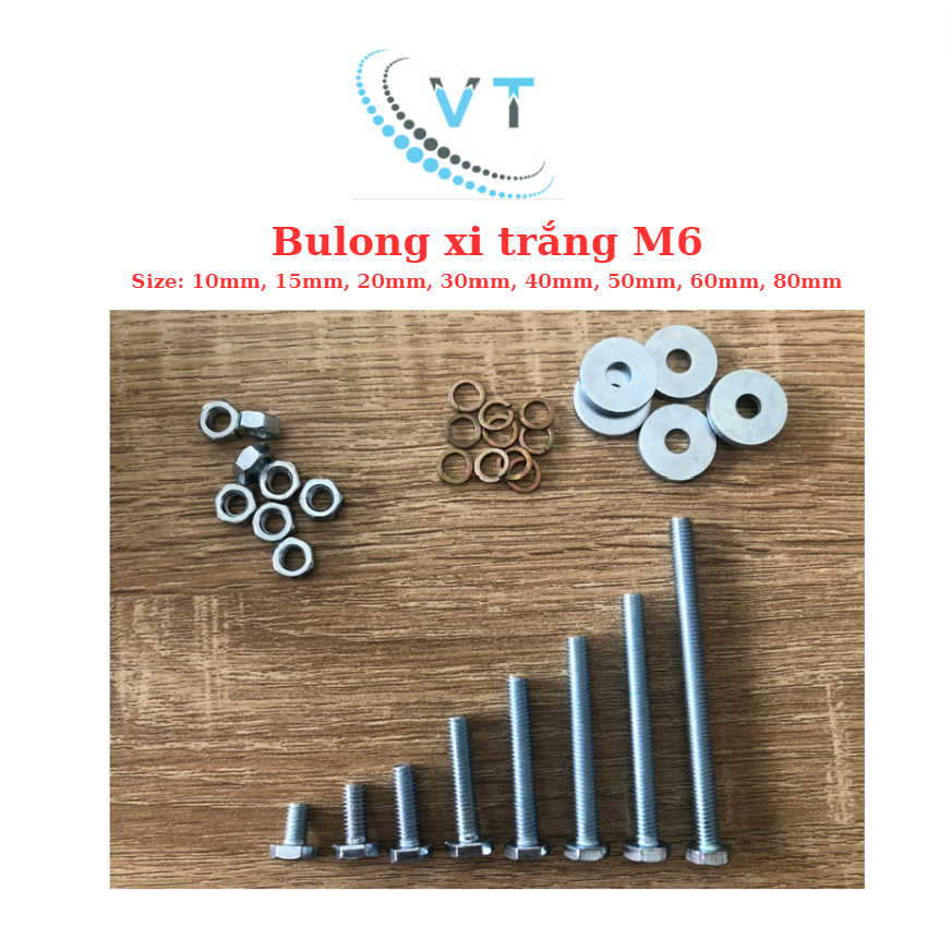 Set 50 Bulong giác ngoài M6 mạ kẽm (Bulong + tán+ long đền phẳng + lông ...