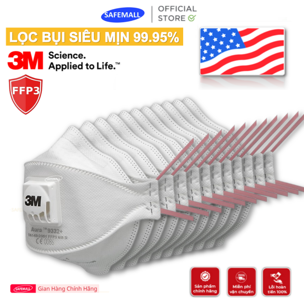Hộp 10 Khẩu trang lọc bụi siêu mịn 3M Aura 9332A+ Tiêu chuẩn FFP3 châu Âu tương đương N100 Mỹ ...