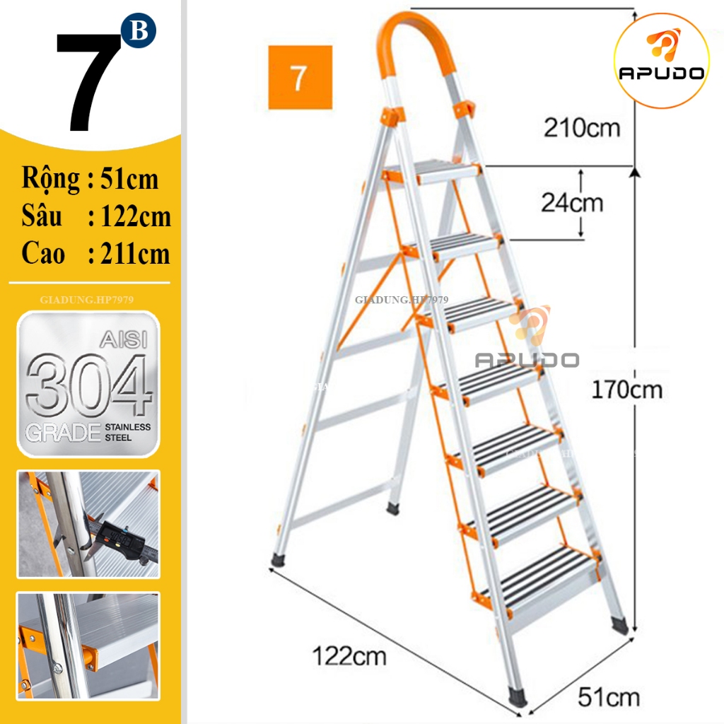 Thang Gấp Gọn 3 4 5 6 7 Bậc Ameca Khung Thang Chữ A Nhập Khẩu 1.5M 2M Thang Inox 304 Nhôm Ghế ...