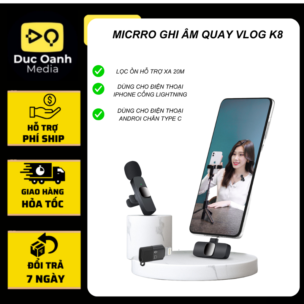 Mic thu âm micro không dây cài áo lọc tiếng ồn K8 cho điện thoại để ...