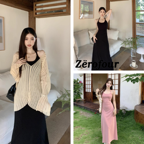 Set đầm 2 dây đen maxi tôn dáng mix áo len dệt form thụng che khuyết điểm ZEROFOUR | Shopee Việt Nam