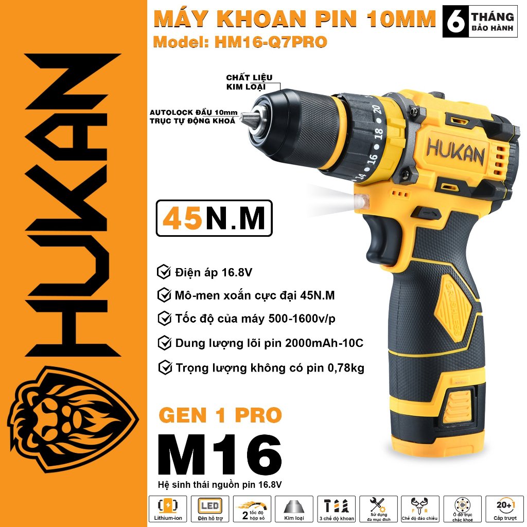 Hukan Máy Khoan Pin HM16 Q7PRO Gen 1 Lực Siết 45N.m Động Cơ Không Thổi ...