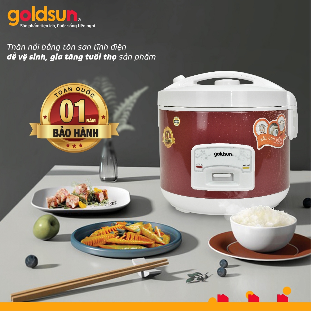 Nồi cơm điện700W 1,8L cho gia đình 4-6 người lòng nổi hợp kim nhôm phủ chống dính Goldsun ...