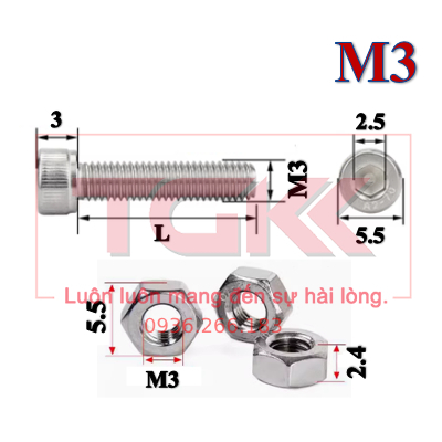 Bulong LGC đầu trụ kèm đai ốc inox 304 M3 (75mm-100mm) (DIN912+DIN934 ...