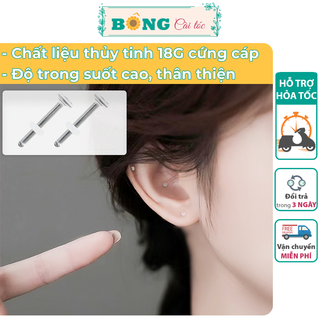 Set 2 chiếc bông tai thủy tinh trong suốt giữ lỗ kèm hộp, không gây ...