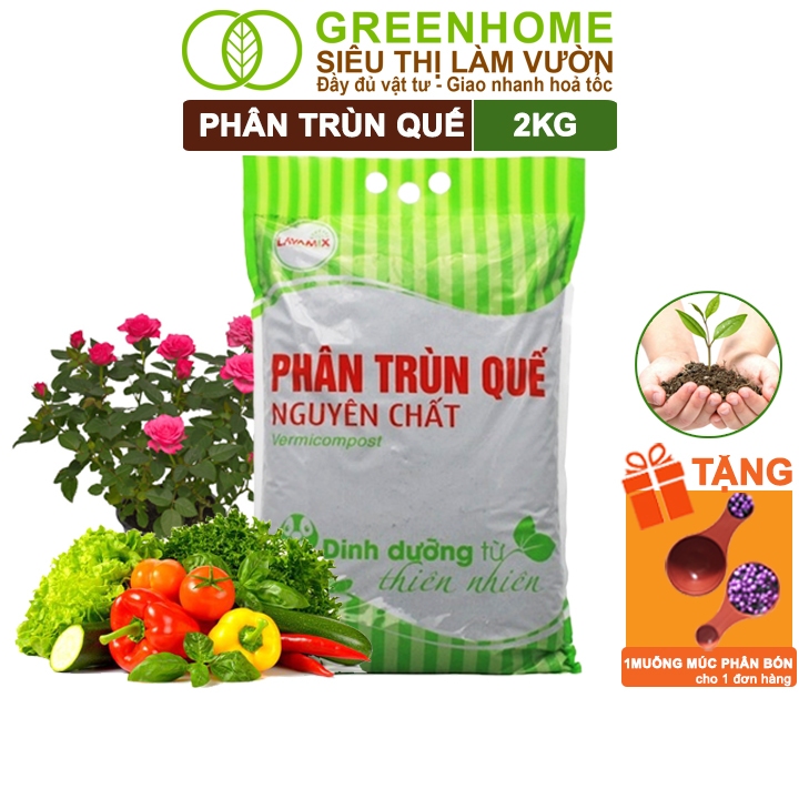 Phân Trùn Quế Greenhome, Lavamix, Bao 2kg, Nguyên Chất, Bổ Sung Dinh Dưỡng, Cải Tạo Đất, Bón Rau ...