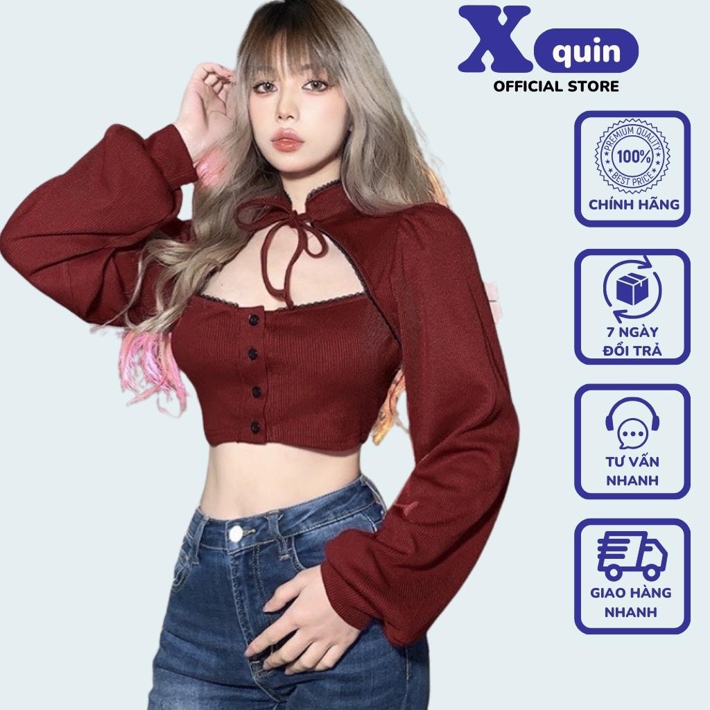 Áo croptop nữ tay dài cổ vuông viền ren phối nút siêu xinh Xquin, Áo ...