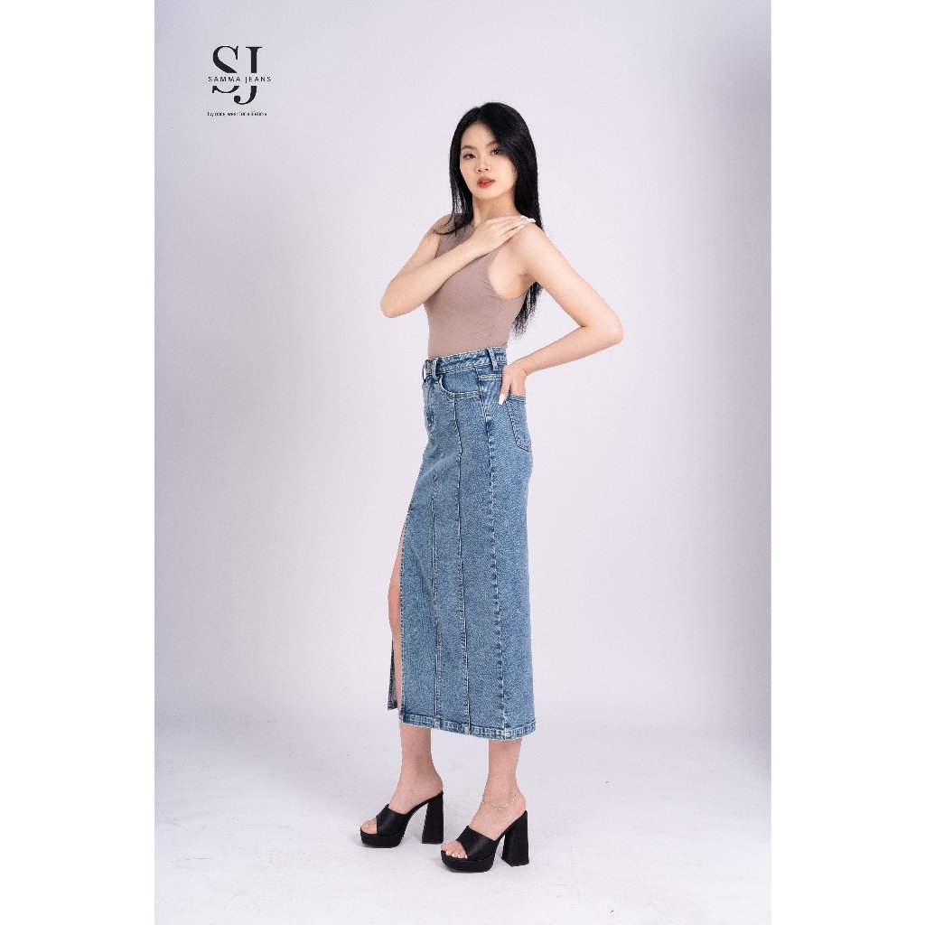 Chân Váy Jean Dáng Dài Xẻ Sườn V1_Váy bò dài Xẻ Tà Màu Xanh Nhạt siêu ...