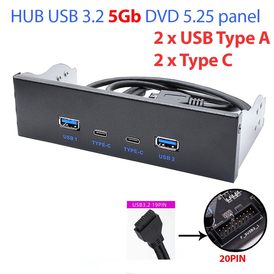 Hub USB 20pin mainboard ra 2 USB 3.0, 2 Type C gắn front panel DVD ...