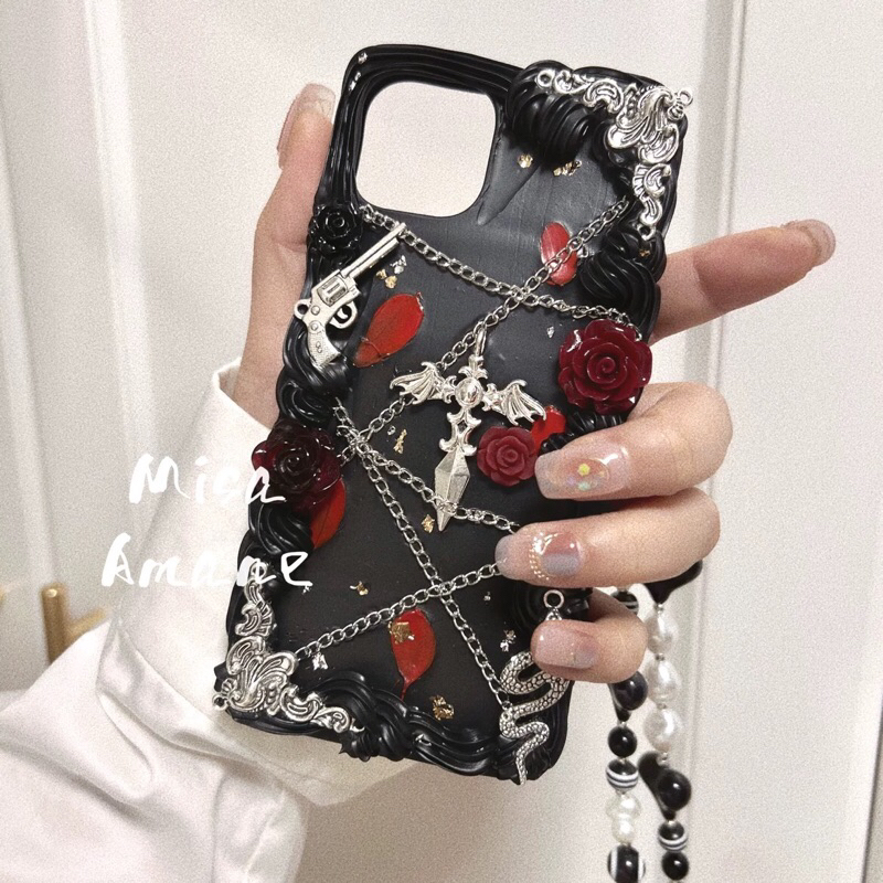 Ốp điện thoại 3D hoa hồng lá đỏ dây xích treo quyền trượng phong cách ...