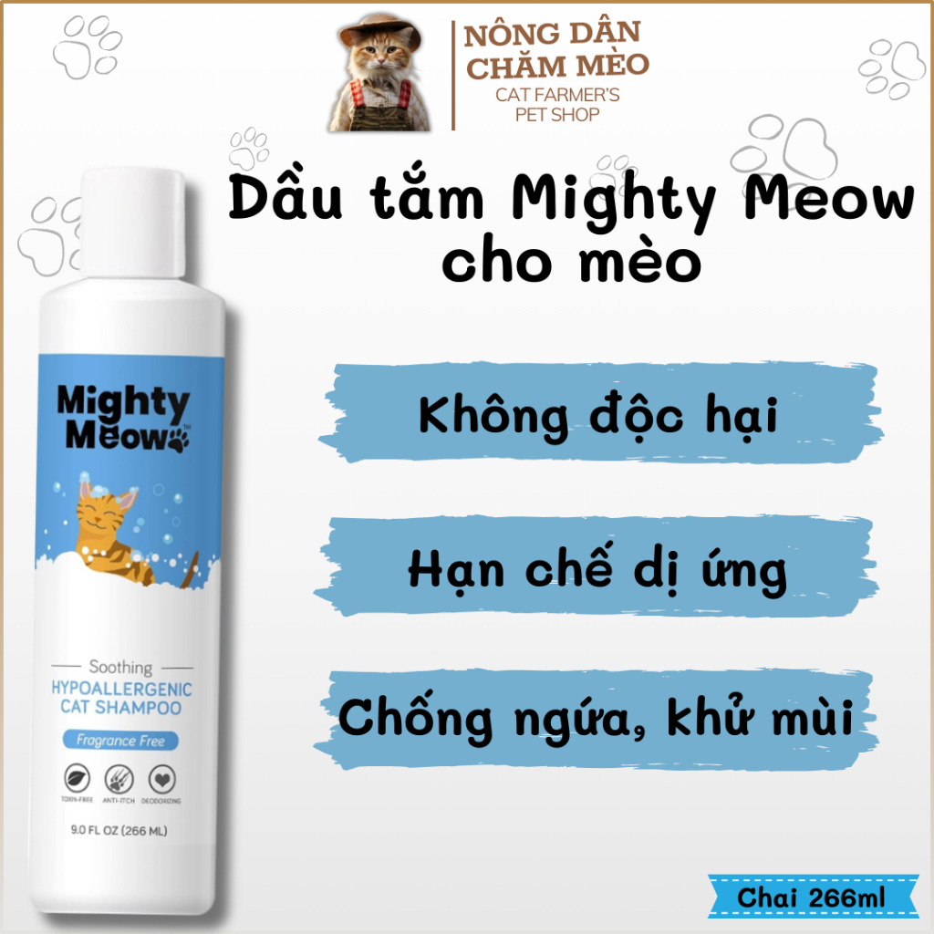 Dầu tắm Mighty Meow cho mèo, thành phần tự nhiên, giảm gàu, khử mùi ...