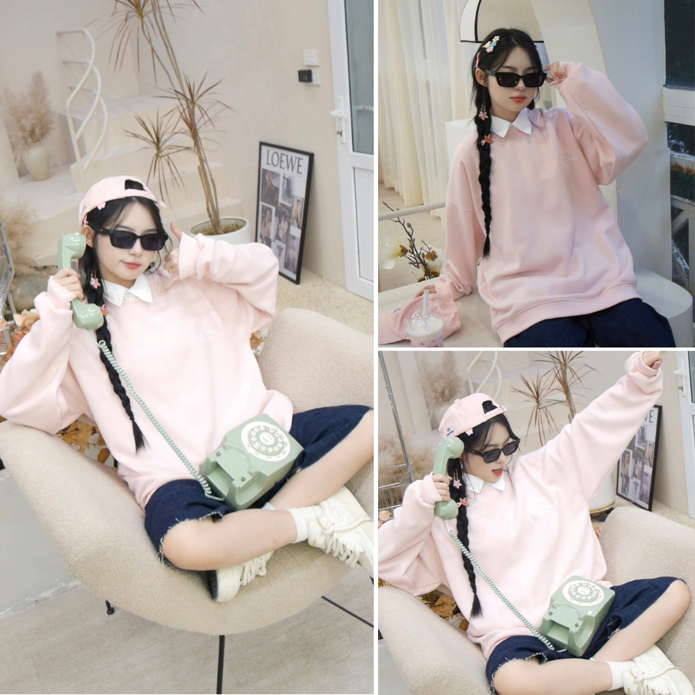 Áo sweater nỉ ép Hàn form rộng thêu logo TOSUN basic phong cách Hàn ...