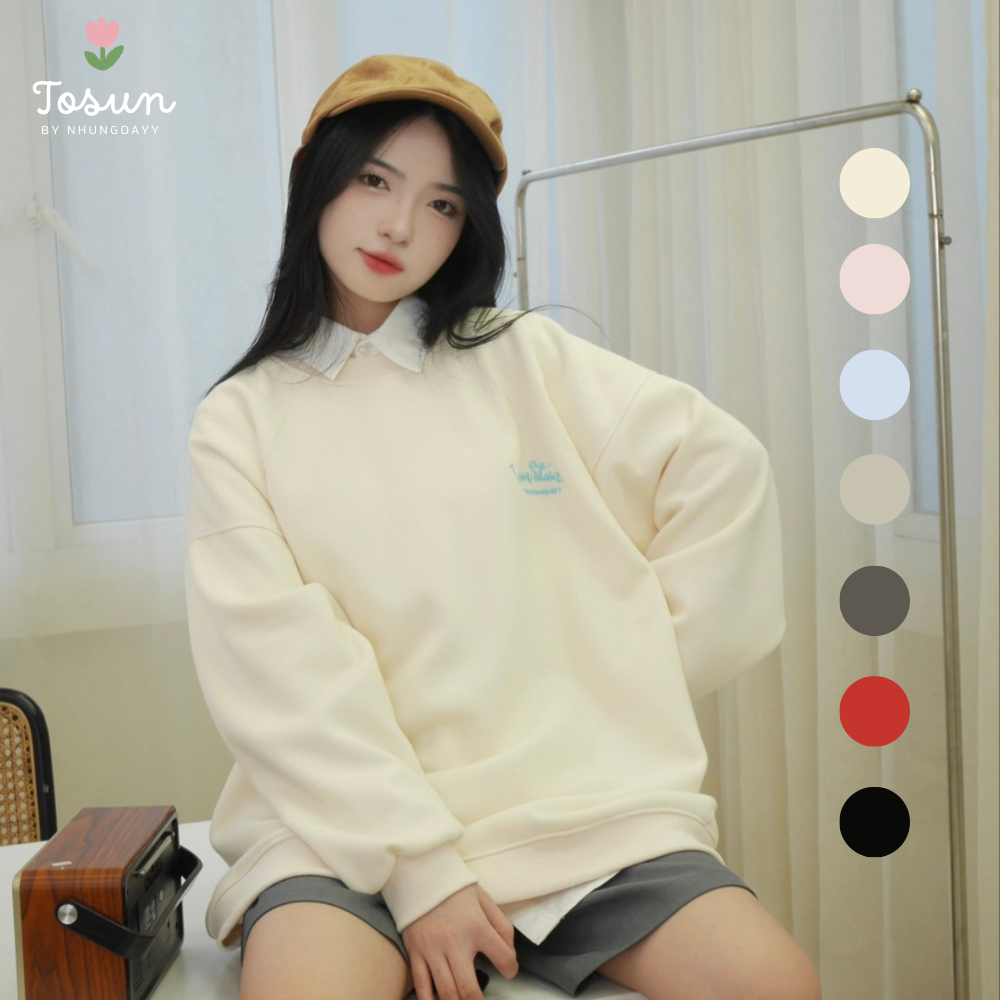 Áo sweater nỉ ép Hàn form rộng thêu logo TOSUN basic phong cách Hàn ...