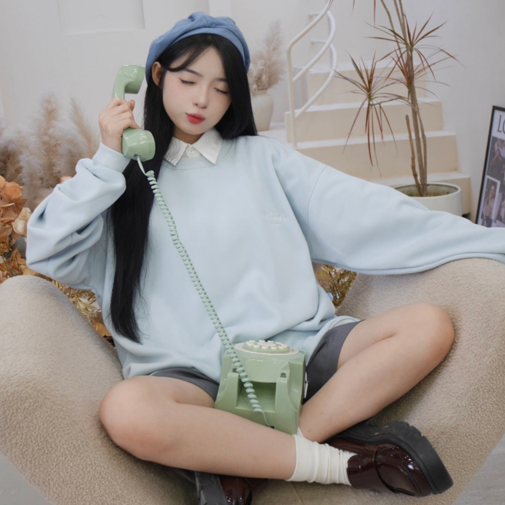 Áo sweater nỉ ép Hàn form rộng thêu logo TOSUN basic phong cách Hàn ...