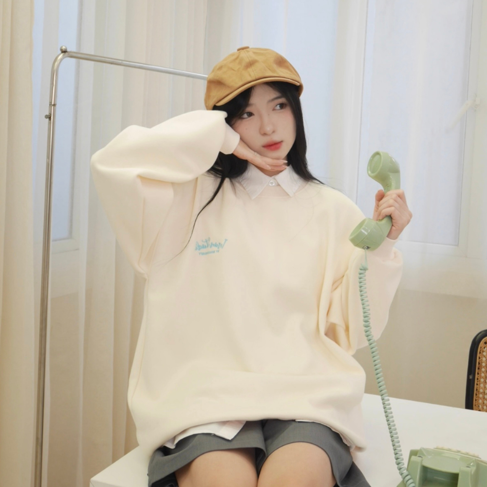 Áo sweater nỉ ép Hàn form rộng thêu logo TOSUN basic phong cách Hàn ...