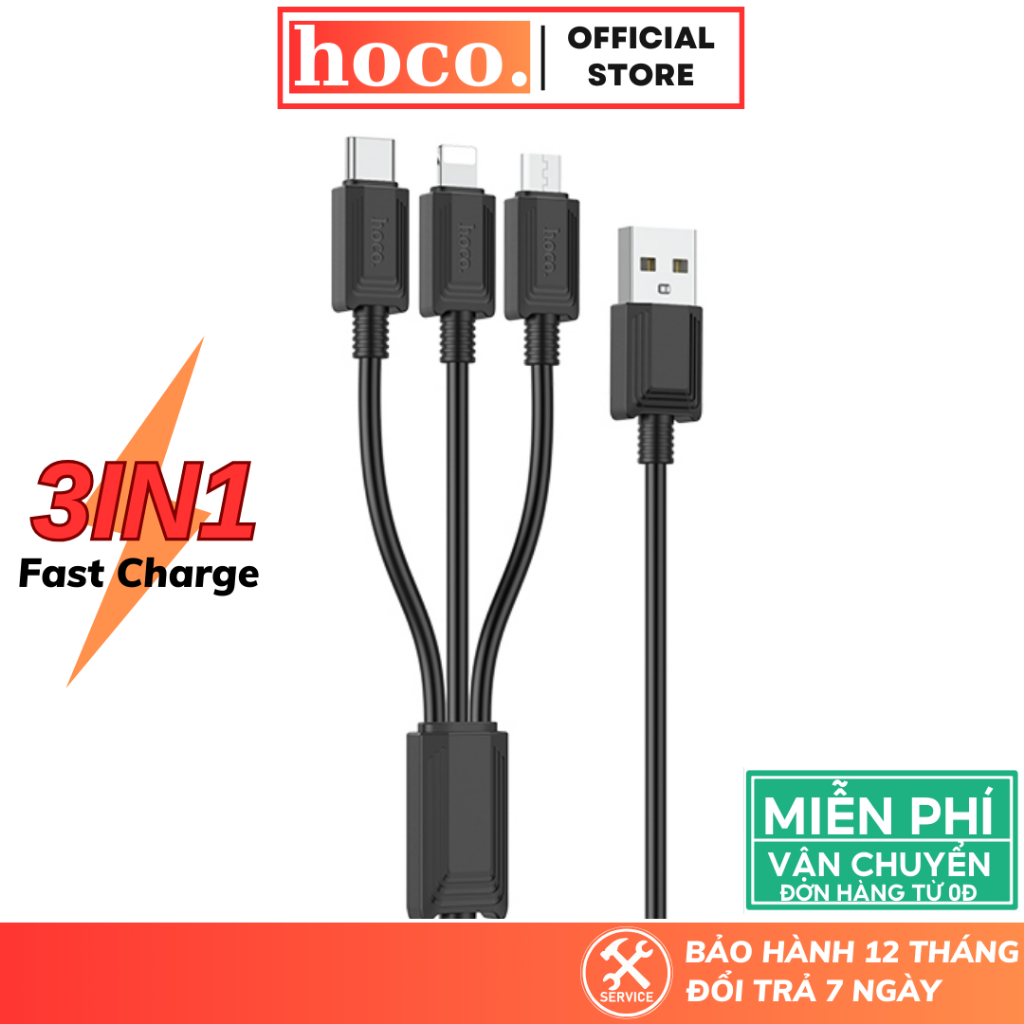 Cáp sạc 3 in 1 Hoco Dây 3 đầu hỗ trợ sạc nhanh thiết kế dây chắc chắn ...