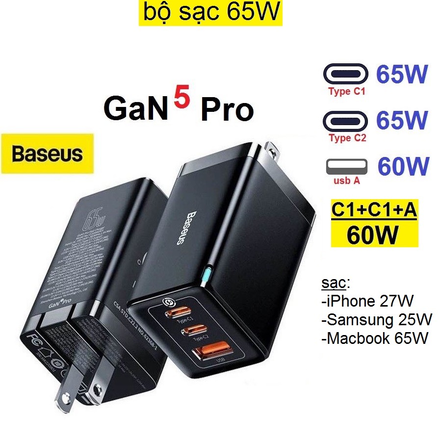Củ sạc 65W Baseus GaN5 Pro 3 cổng sạc cho macbook/Smartphone/tablet | Shopee Việt Nam