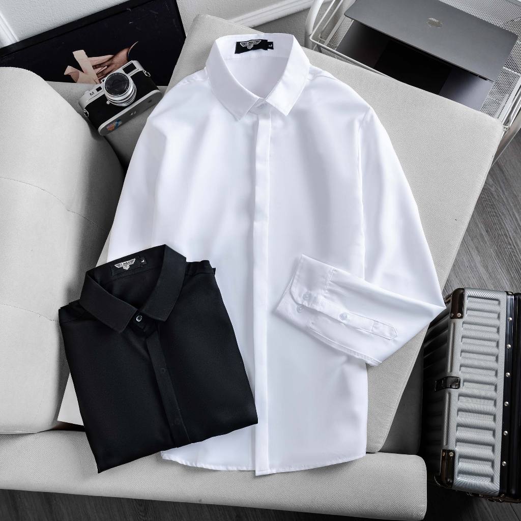 Áo sơ mi nam OWNERMAN trơn dài tay giấu khuy ẩn cúc vải cotton không nhăn sơ mi trắng đen đi học ...