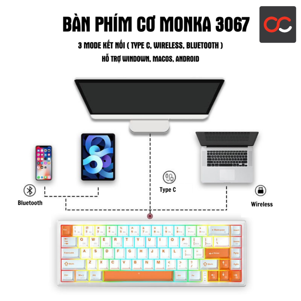 Bàn phím cơ monka 3067 V2 PRO không dây mạch xuôi led rgb không dây ...
