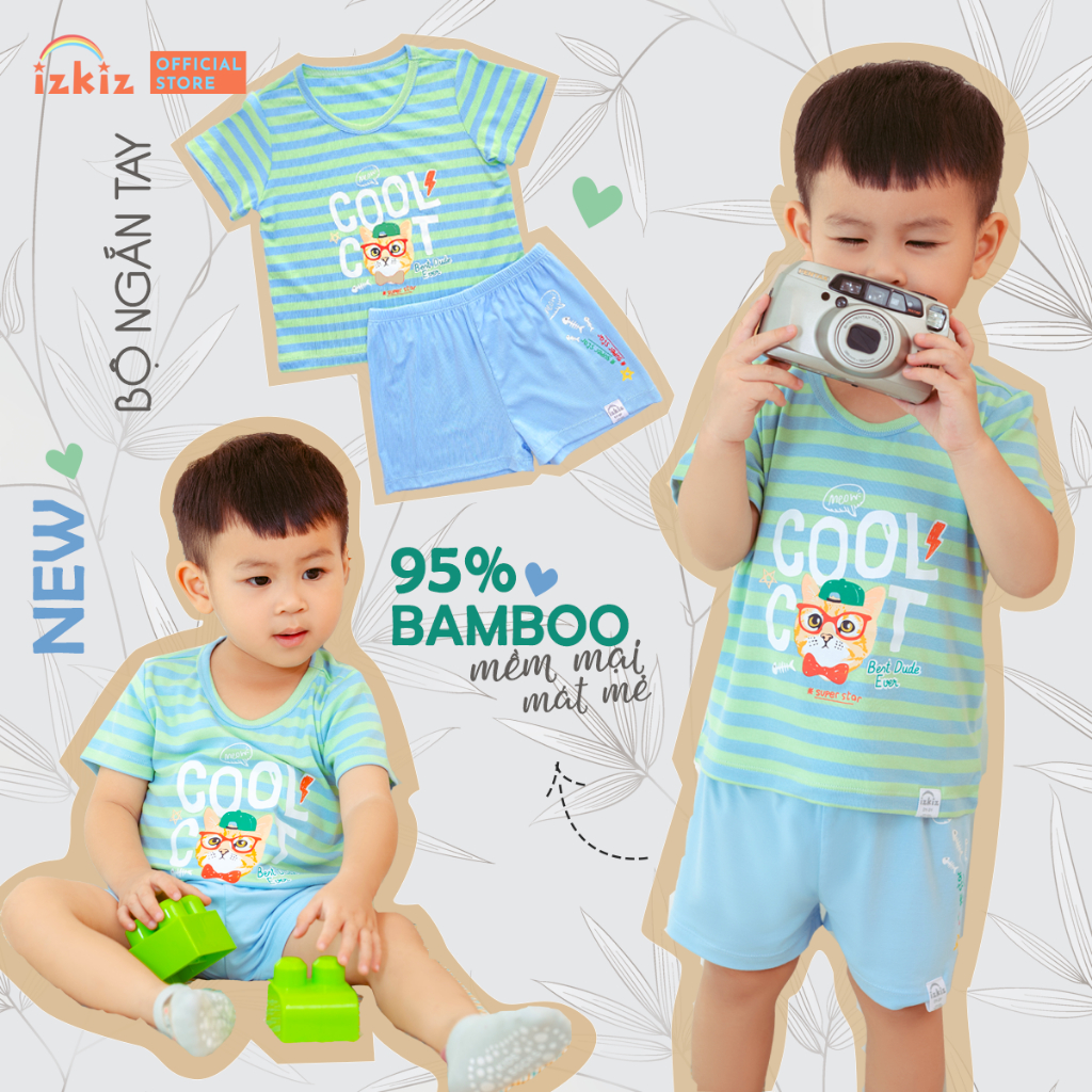 Đồ Bộ Bé Trai 4 tháng - 4 Tuổi IZKIZ, Bộ Cộc Vải Thun Sợi Tre, An Toàn Cho Da, Màu Xanh Phối Sọc ...