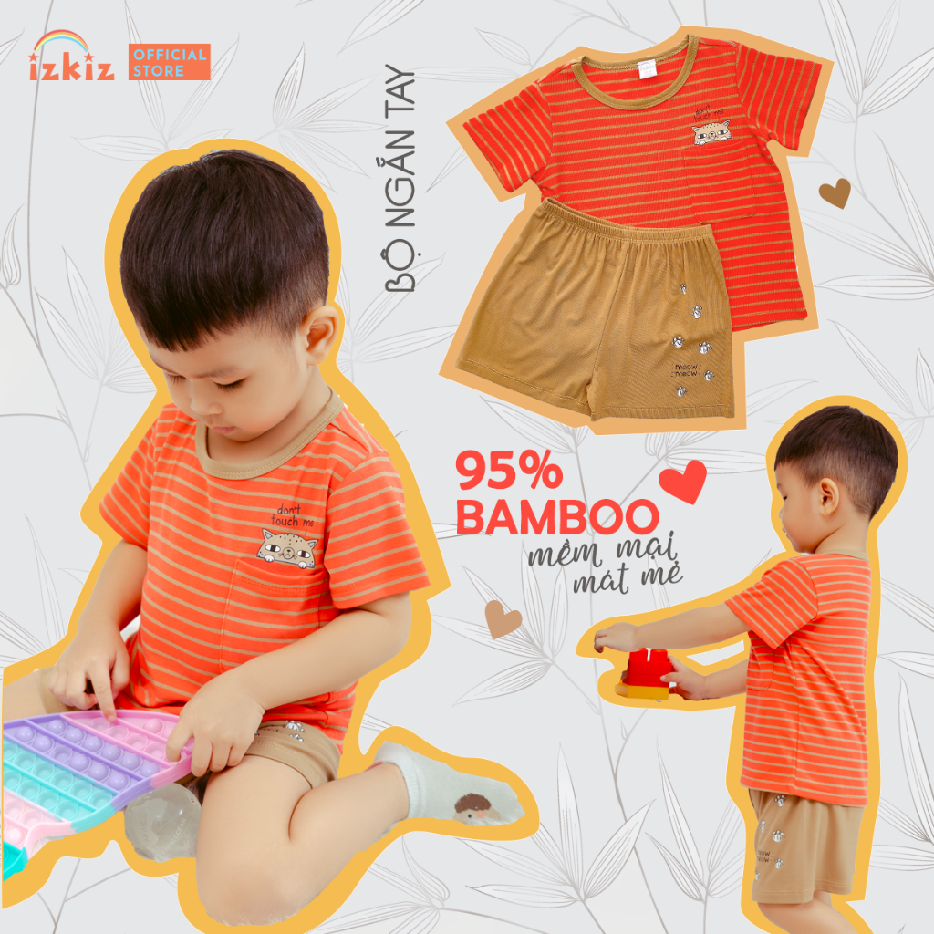Đồ Bộ Bé Trai 4 tháng-4 Tuổi, Bộ Cộc IZKIZ Vải Thun Sợi Tre, An Toàn Cho Da, Màu Đỏ Phối Sọc Nâu ...