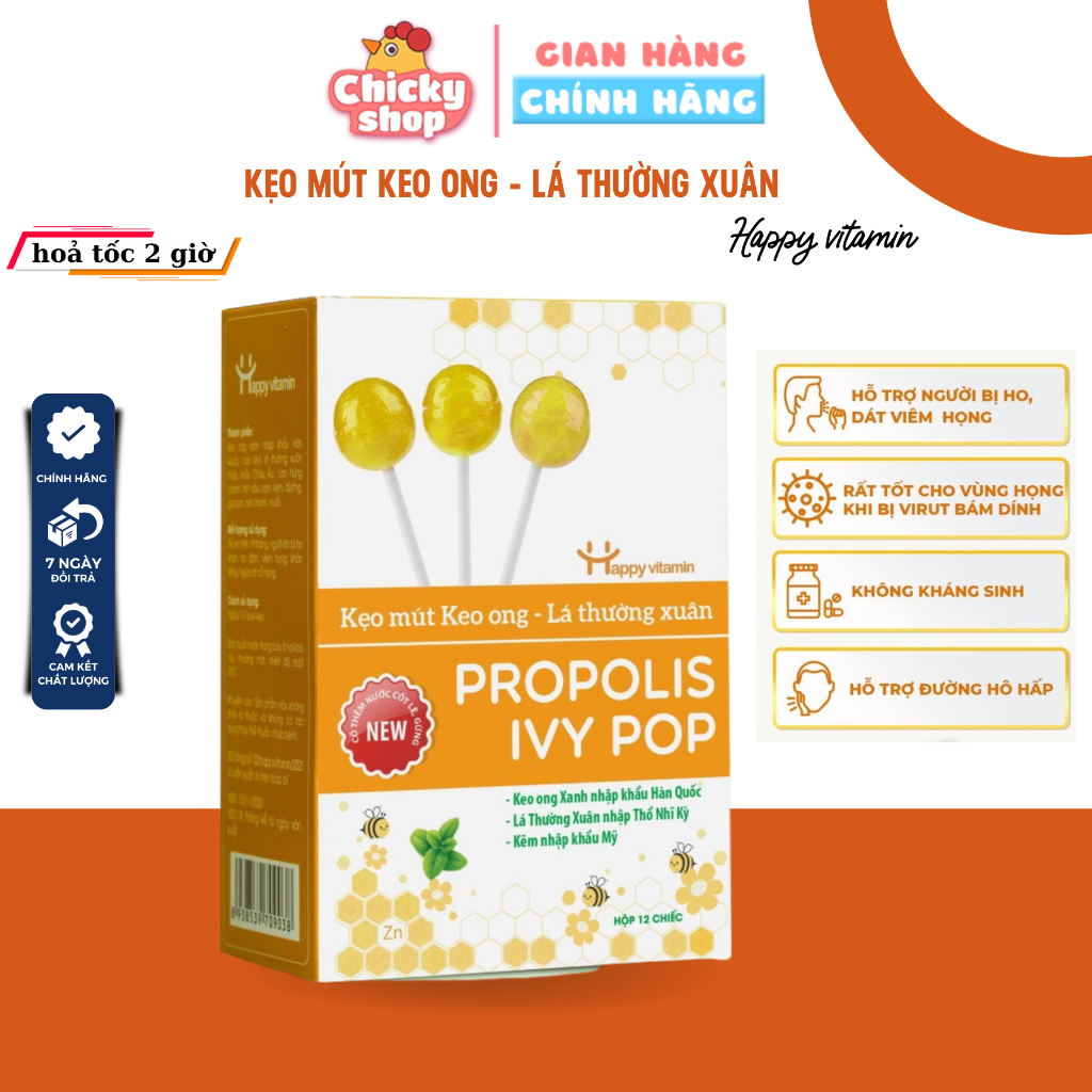 Kẹo mút keo ong lá thường xuân Happy Vitamin hỗ trợ ngăn ngừa ho, viêm ...