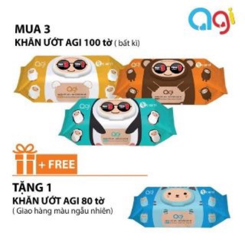 ( Mua 3 tặng 1) Combo 3 gói khăn ướt Agi 100 tờ không mùi tặng 1 gói khăn ướt Agi 80 tờ( Giao ...